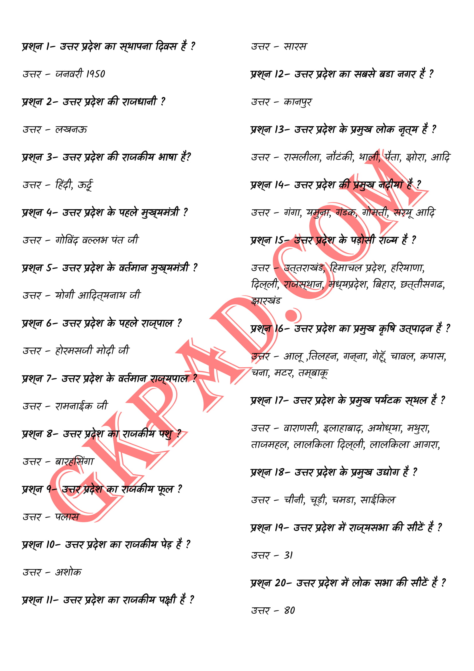 उत्तर प्रदेश सामान्य ज्ञान 2020 Pdf Download - Uttar Pradesh GK
